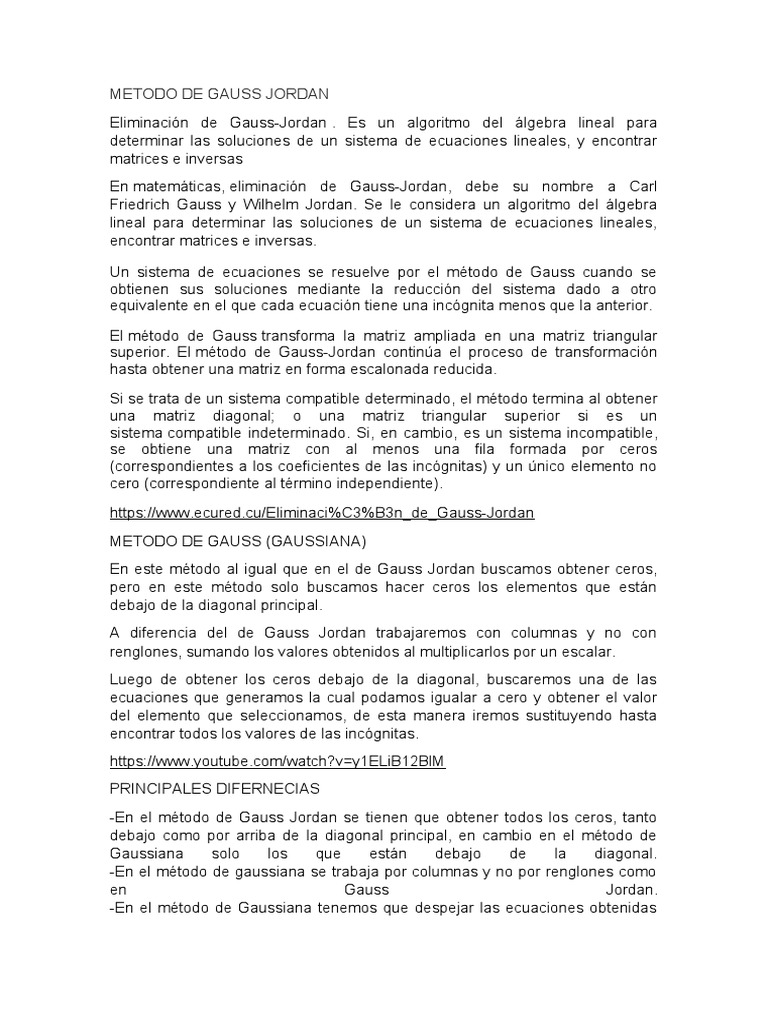 Método de Gauss-Jordan en Álgebra Lineal | PDF | Sistema de ecuaciones ...