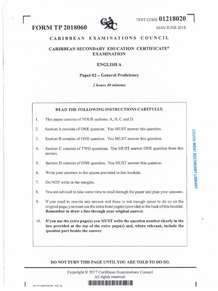 CSEC ENGLISH A June 2018 | PDF