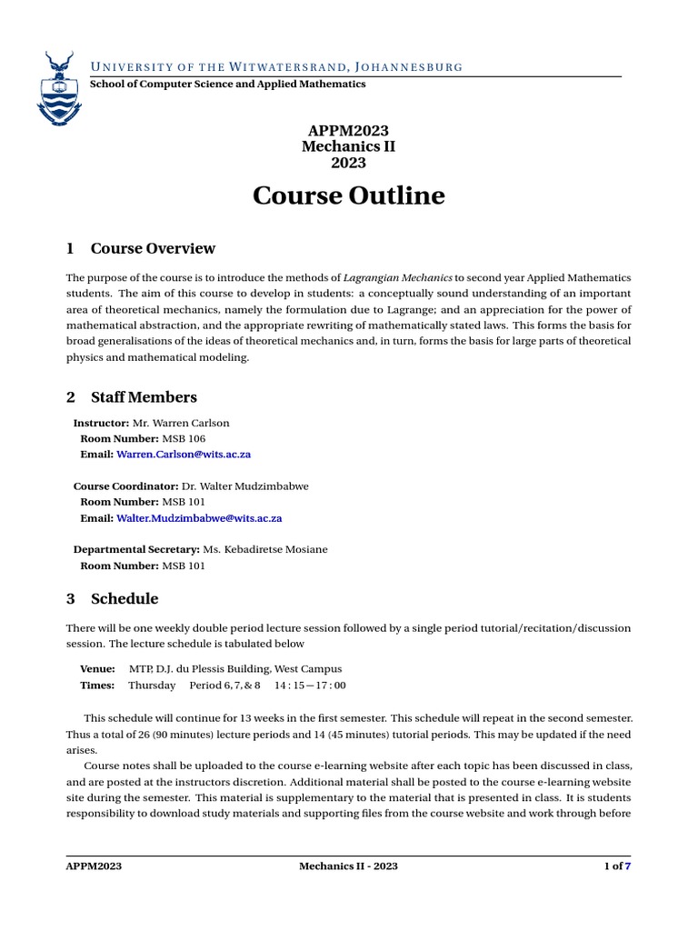 APPM2023 Course Outline PDF | PDF | Equations Of Motion | Lagrangian Mechanics