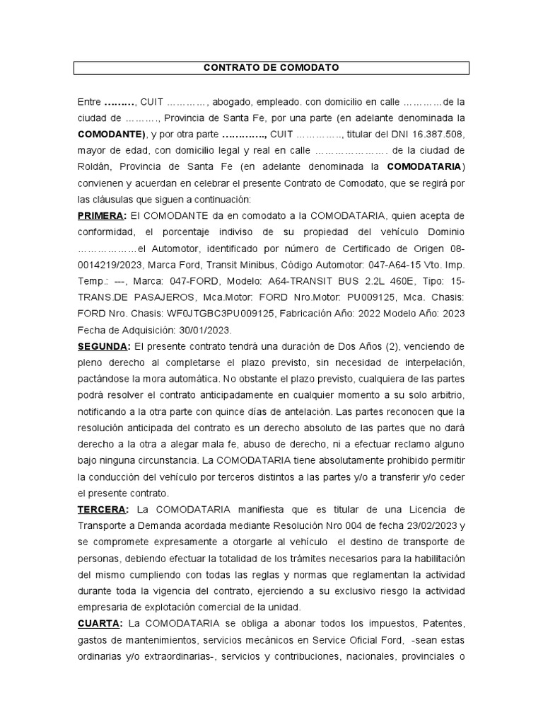 CONTRATO DE COMODATO Bien de Uso | PDF