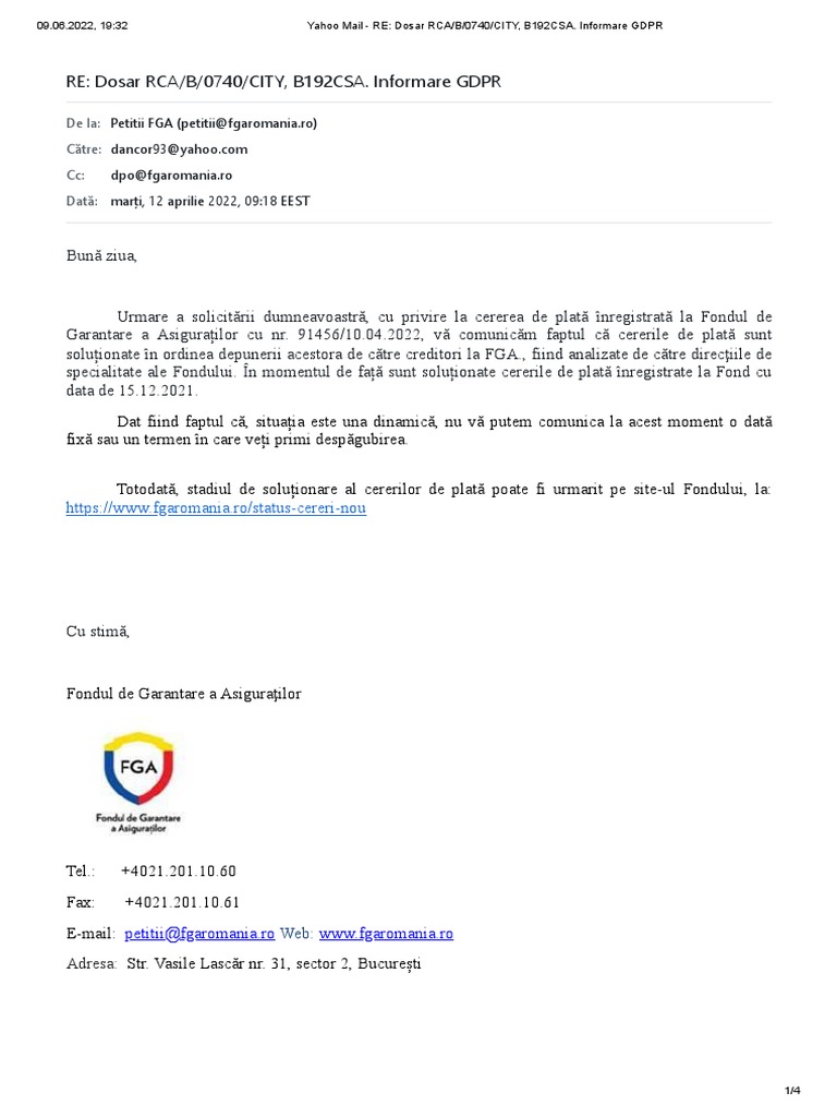 Yahoo Mail - RE - Dosar RCA - B - 0740 - CITY, B192CSA. Informare GDPR ...