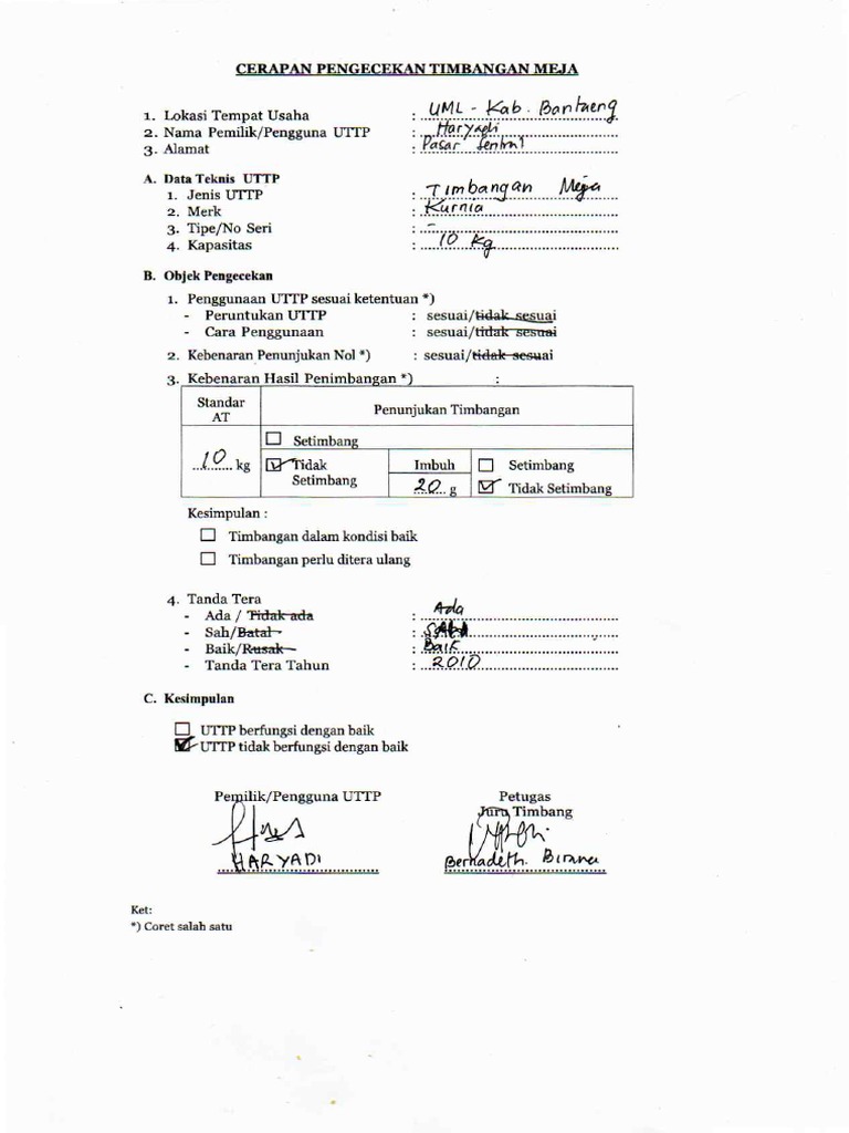 Cerapan Pengecekan Timbangan Meja (Orientasi) | PDF