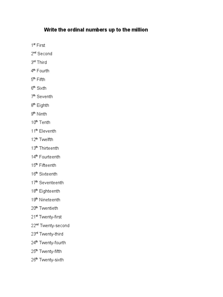 Ordinal Numbers to One Million | PDF