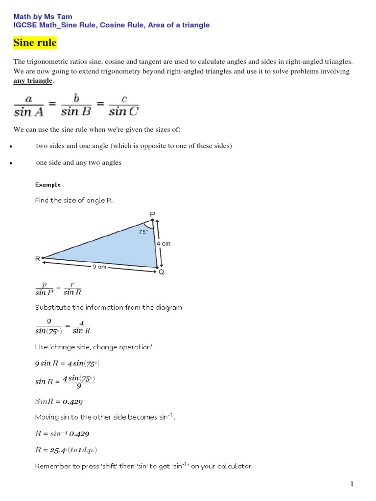 Notes - IGCSE Math - Sine Cosine Rule and Area of A Triangle PDF | PDF