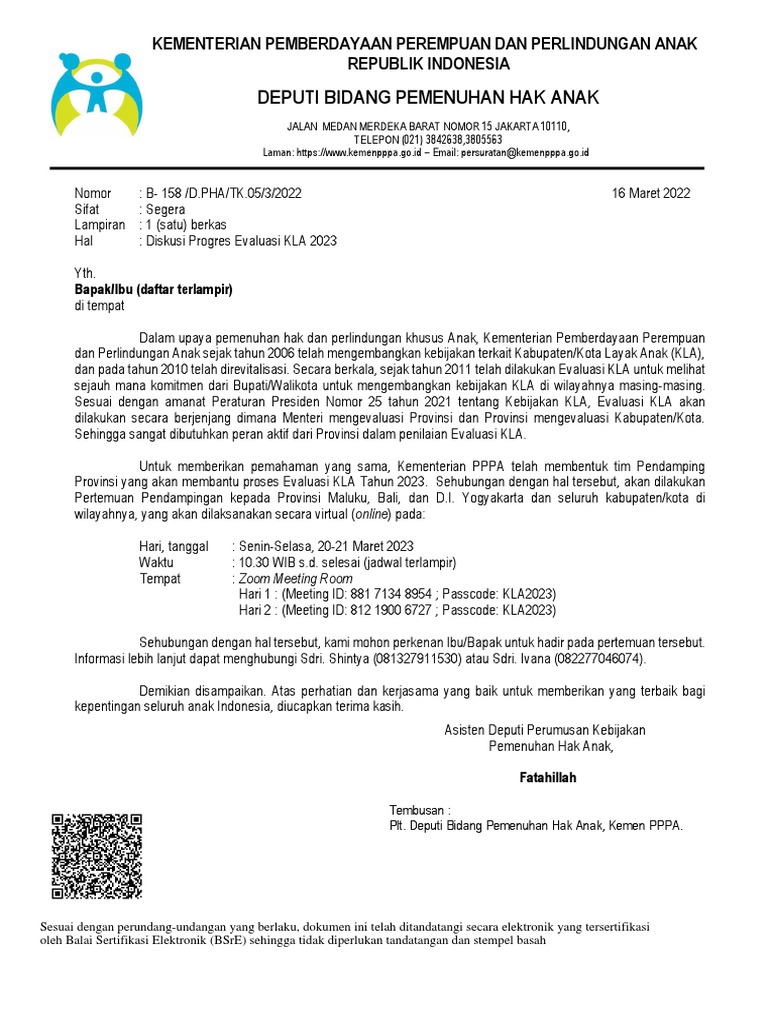 TK.05 Surat Undangan PHA Diskusi Progres Evaluasi KLA 2023 | PDF