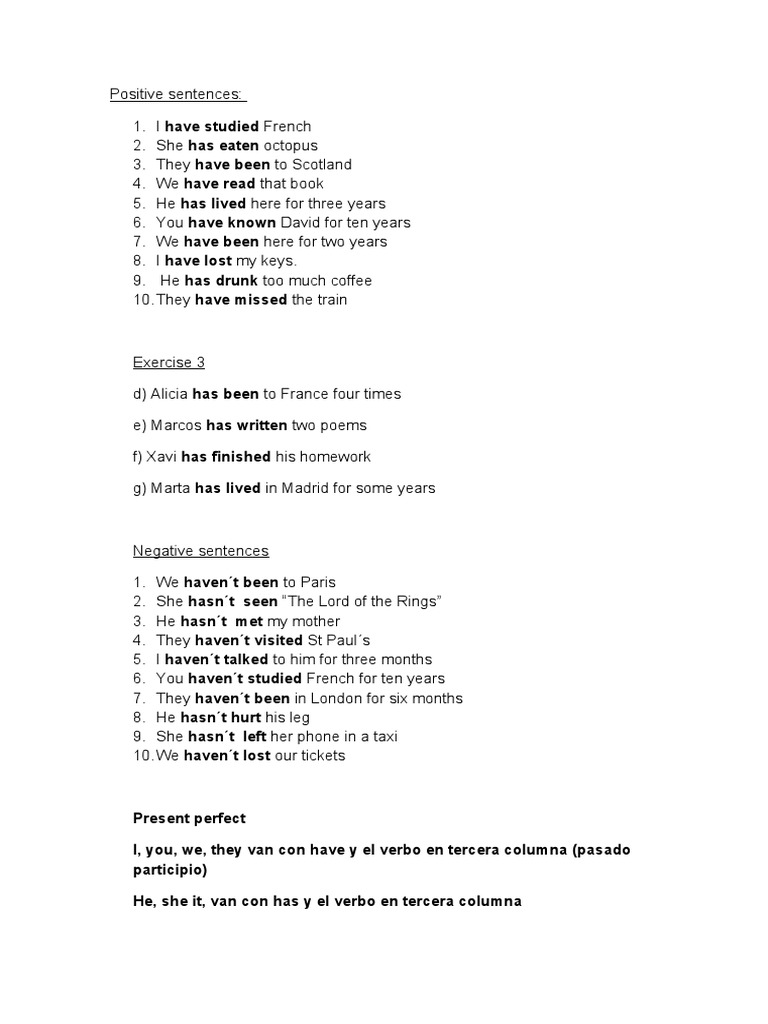 10 Positive Sentences in Present Perfect | PDF