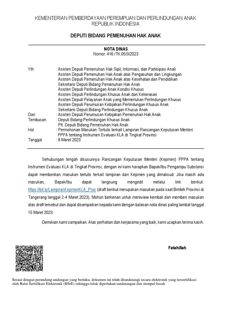 Masukan Evaluasi KLA Provinsi | PDF