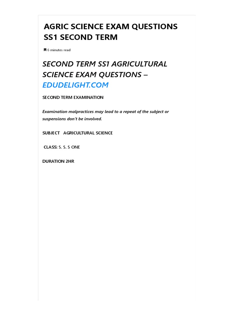 Agric Science Exam Questions SS1 Second Term | PDF | Soil | Agriculture