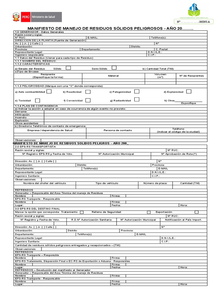 MANIFIESTO de MANEJO DE RESIDUOS SÓLIDOS PELIGROSOS - MRSP | PDF | Residuos