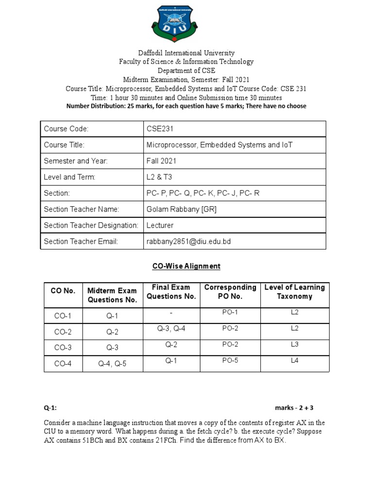 Mid term Question CSE - 231 with CO-PO mapping.docx | PDF | Office Equipment | Computer Science