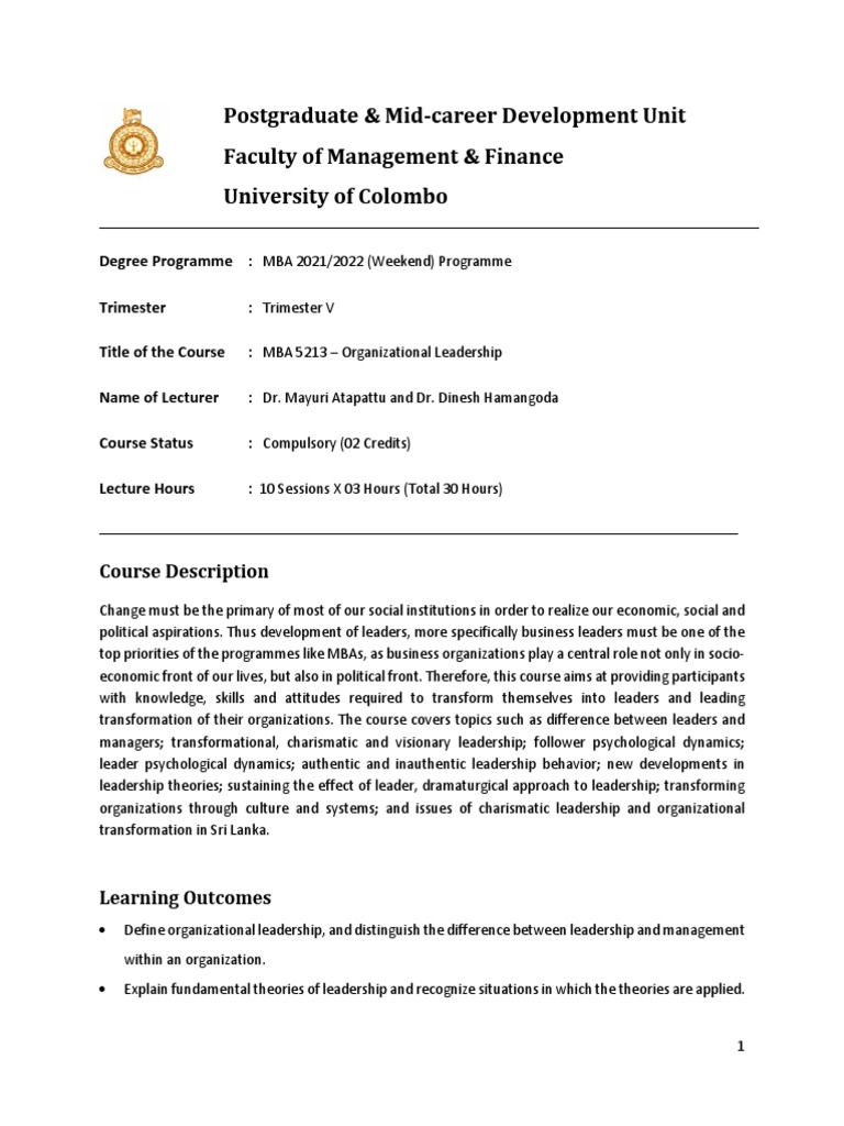 Course Outline - Org. Leadership Final - 21-23 | PDF | Academic ...
