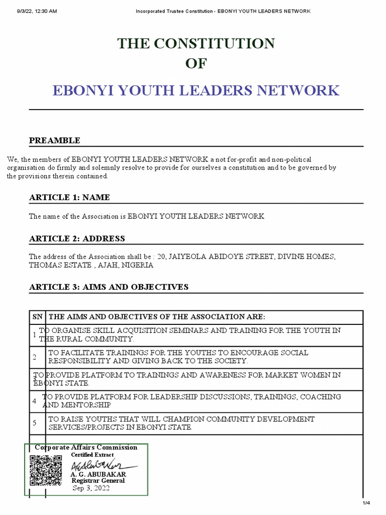 Incorporated Trustee Constitution - EBONYI YOUTH LEADERS NETWORK | PDF