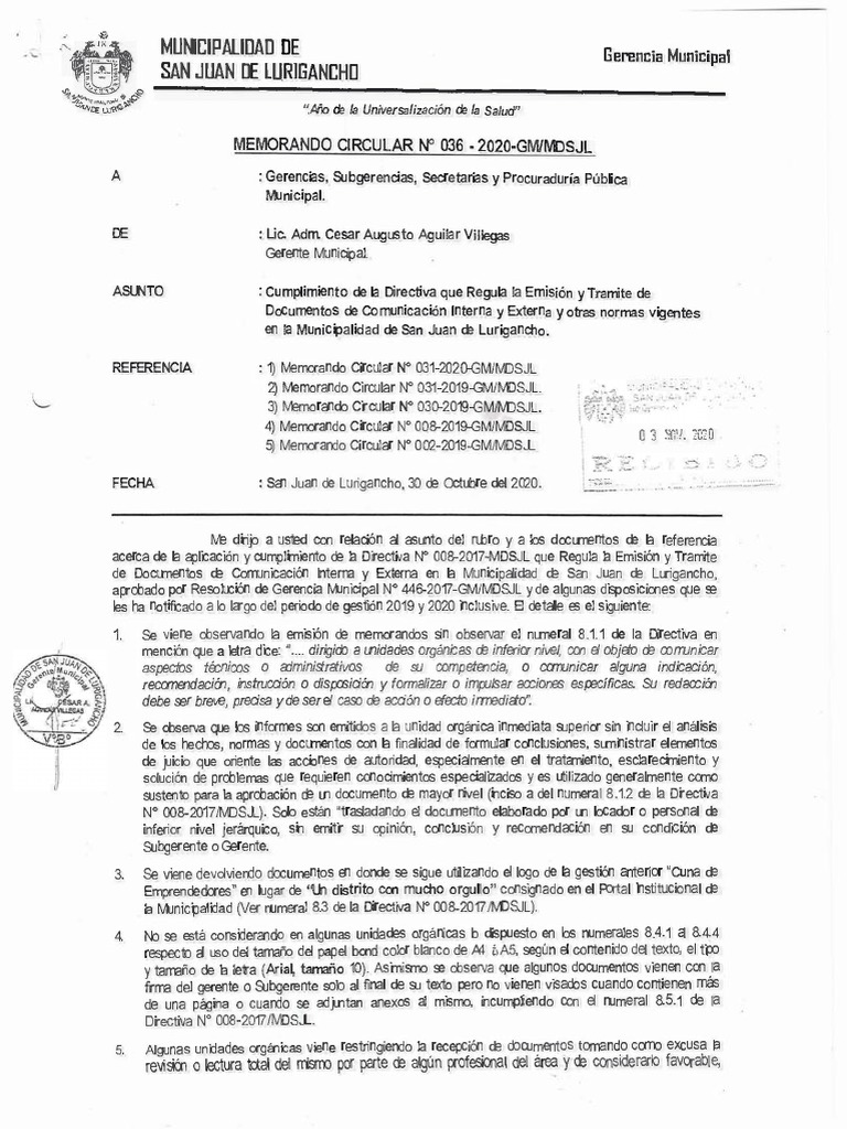 Memorando Circular 036-2020-GM-MDSJL PDF | PDF | Gobierno | Gobernancia