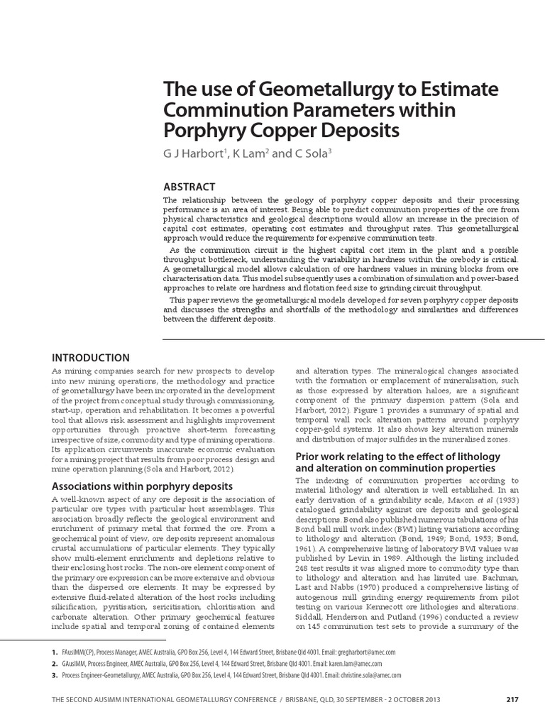 The Use of Geometallurgy To Estimate Comminution Parameters Within Porphyy Copper Deposits | PDF ...