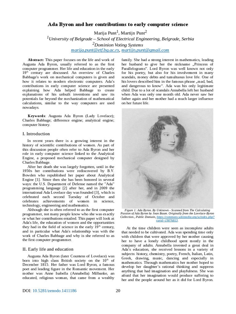 Ada Byron and Her Contributions To Early Computer Science PSSOH 2018 ...