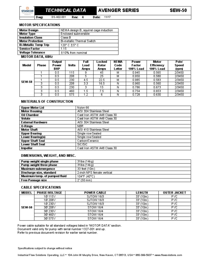 IFS-Stancor-SEW50-datasheet | PDF | Electric Motor | Electrical Engineering