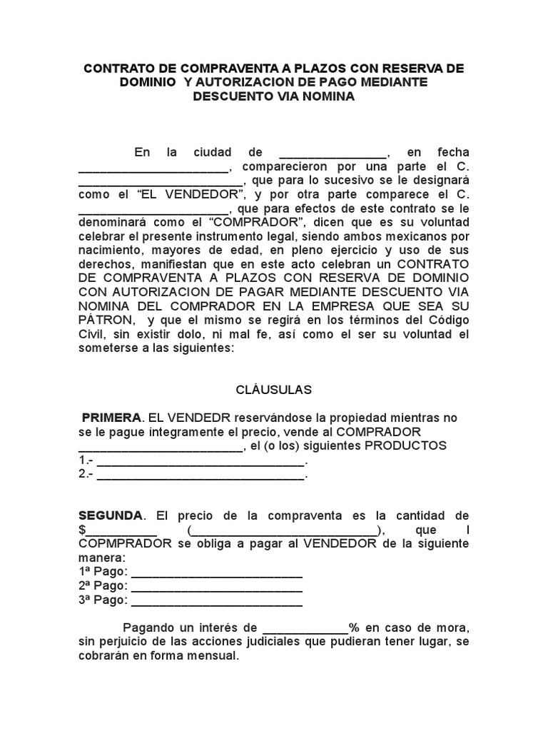 Contrato De Compraventa A Plazos Con Reserva De Dominio Y Descuento Via