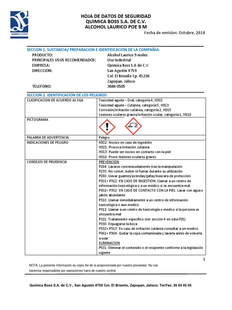 HDS - Alcohol Laurico 9 M | PDF | Agua | Solubilidad
