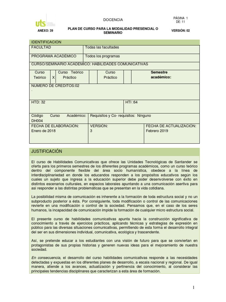 Plan de Curso Habilidades Comunicativas PDF | PDF