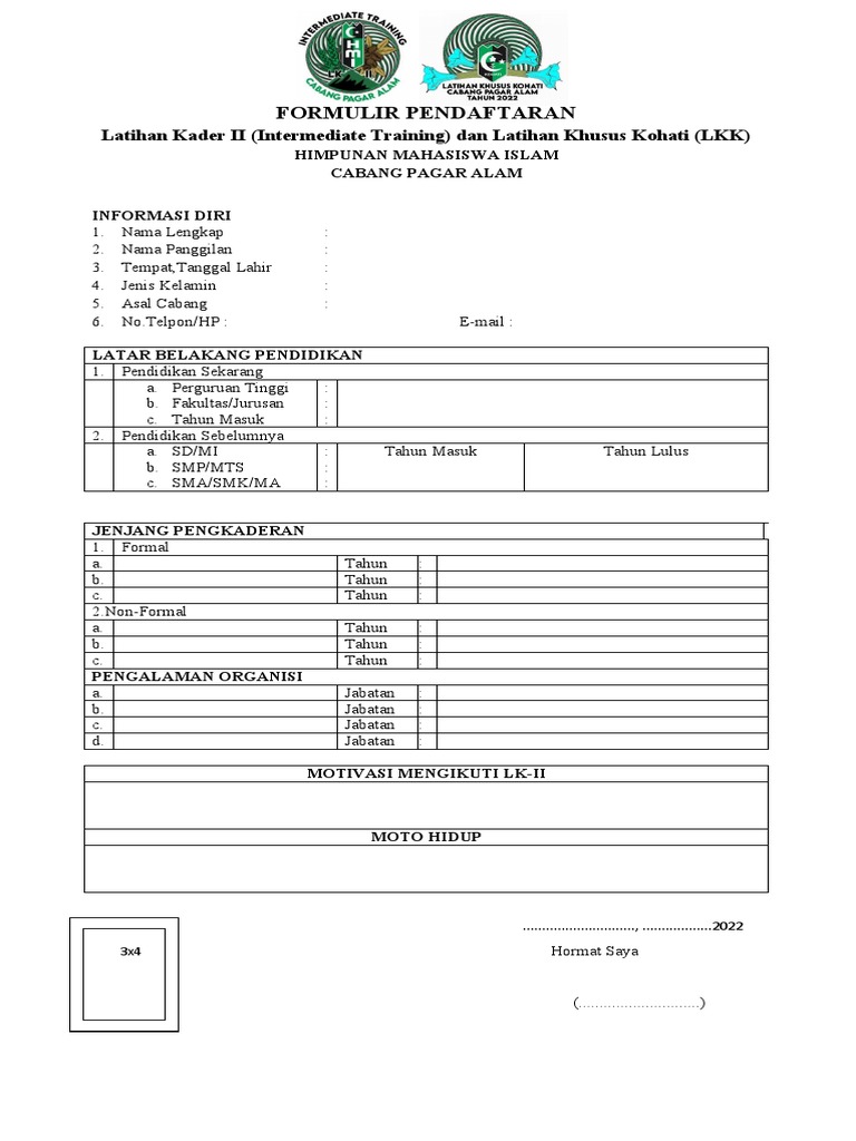 Formulir Pendaftaran Latihan Kader II | PDF
