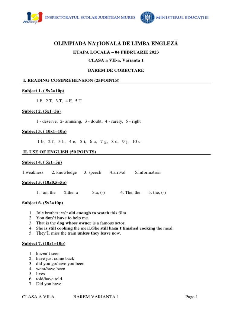 Ole Locala 2023 Cls 7 Barem Varianta 1 | PDF