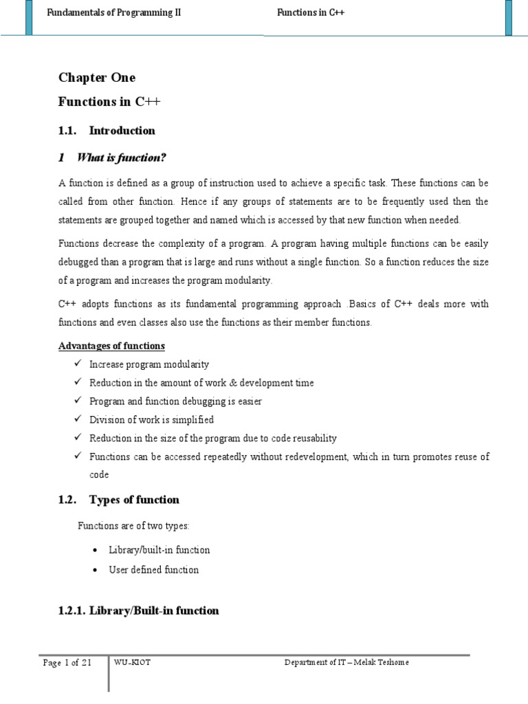 Chapter 1 Functions In C Pdf Parameter Computer Programming Scope Computer Science