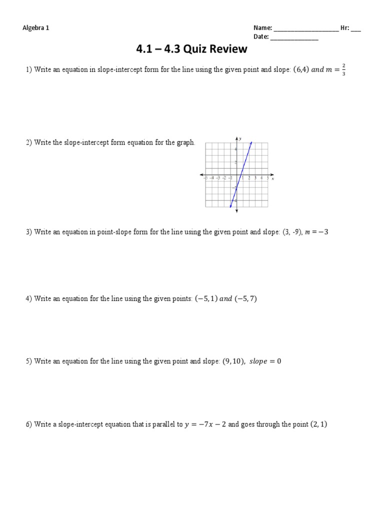 ALGEBRA 1 Unit 4.1 - 4.3 Quiz Review | PDF