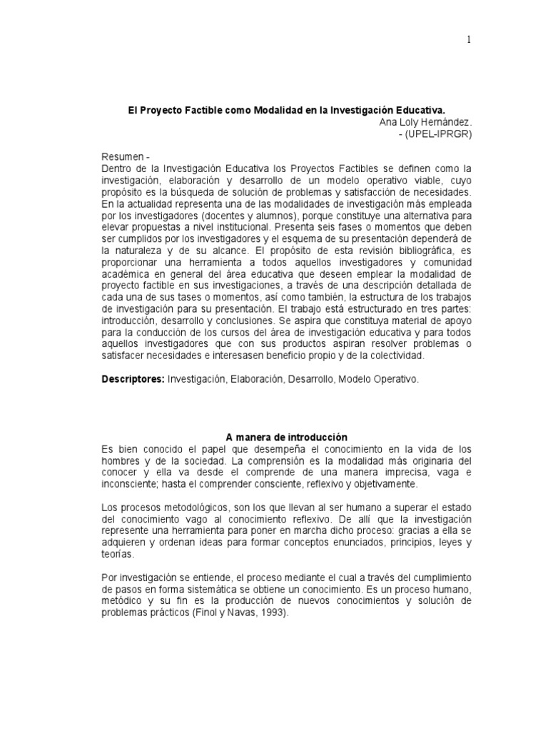 El Proyecto Factible como Modalidad en la Investigación Educativa | PDF ...