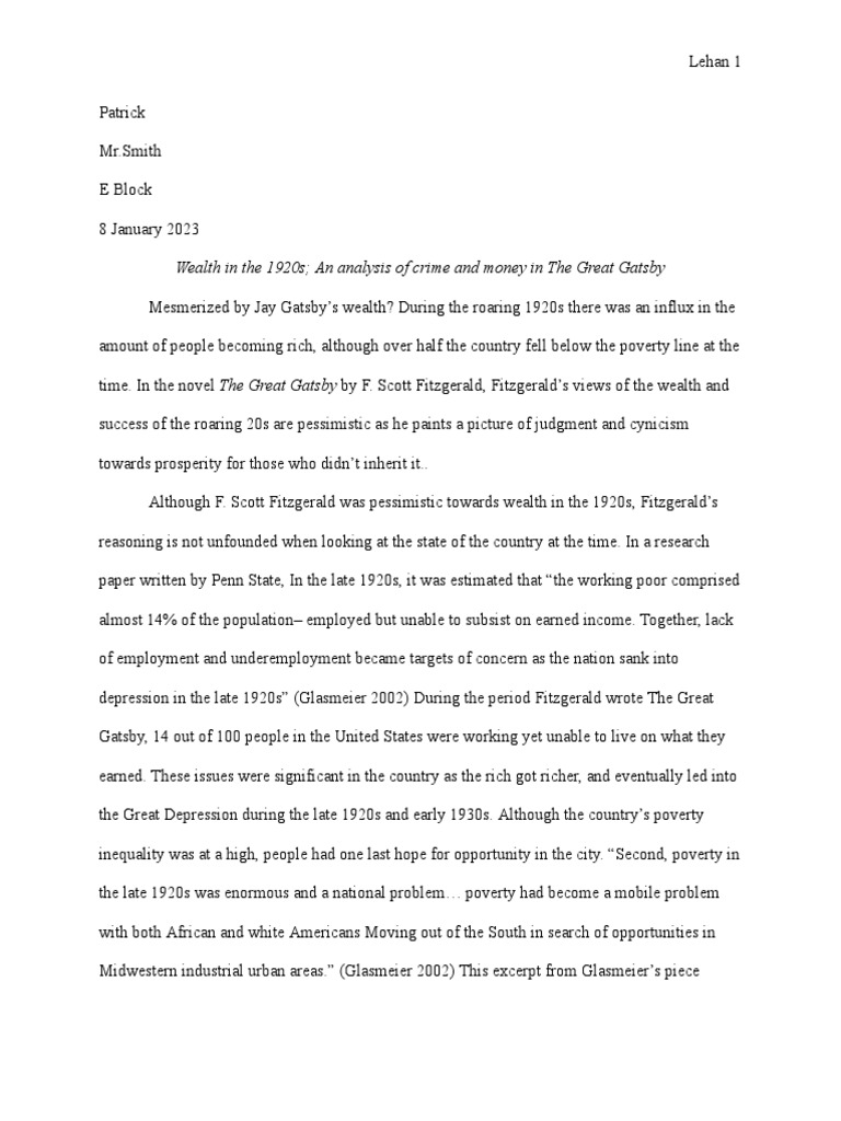 Patrick Lehan - Gatsby Essay | PDF | The Great Gatsby | F. Scott Fitzgerald