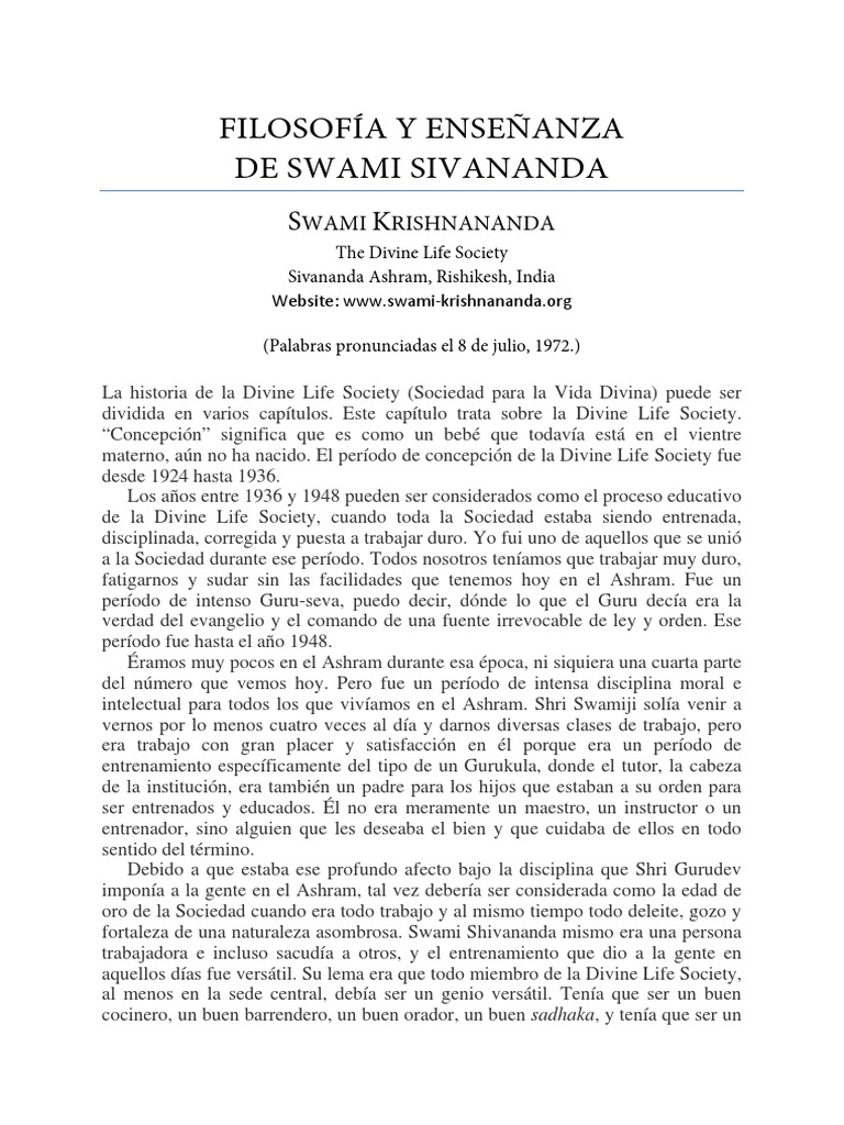 Filosofía y Enseñanza Swami Sivananda | PDF | Yoga | Vedanta