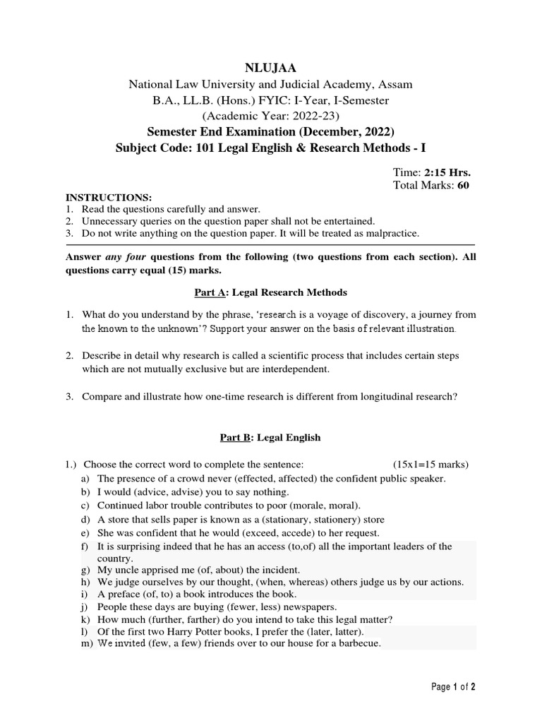 Legal English & Research Methods Exam Guide | PDF
