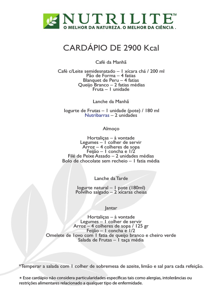 2900 Kcal | PDF | Pães | Alimentos