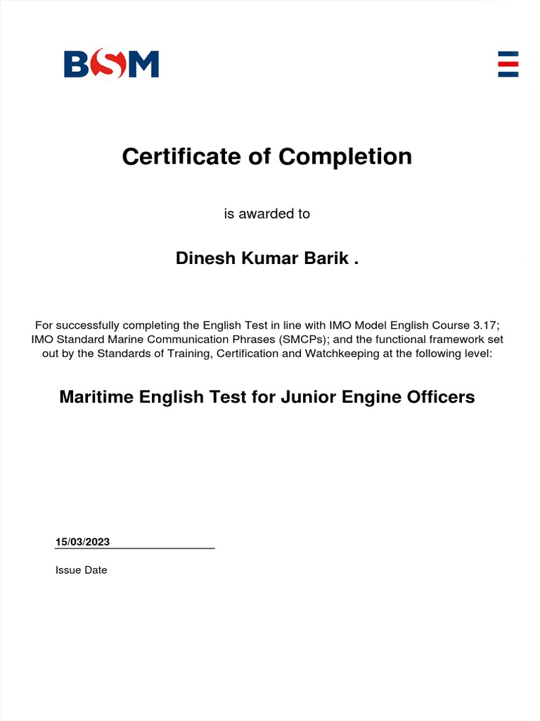 Certification Maritime English Test For Junior Engine Officers ...