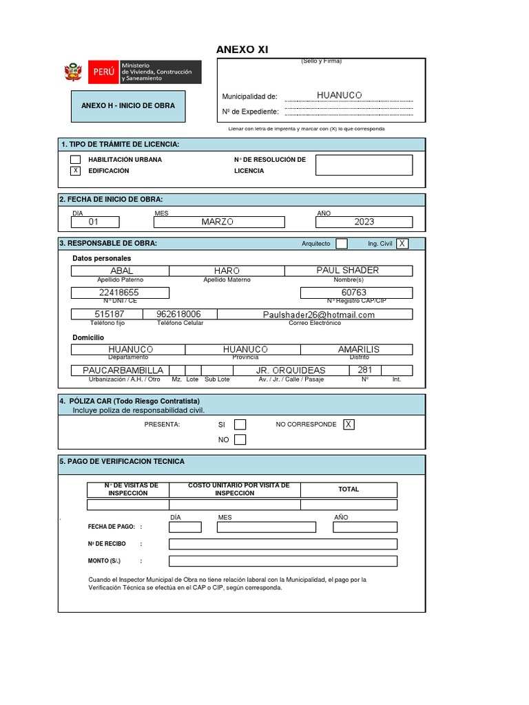Formulario – Anexo H - Inicio de Obra | PDF