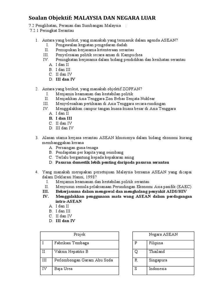 Soalan Asean Objektif Dengan Jawapan | PDF