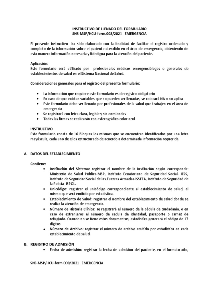 Instructivo Formulario 008 Emergencia MSP | PDF | Diagnostico medico ...