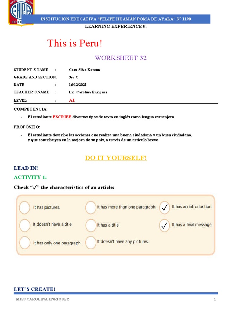 This Is Peru!: Worksheet 32 | PDF