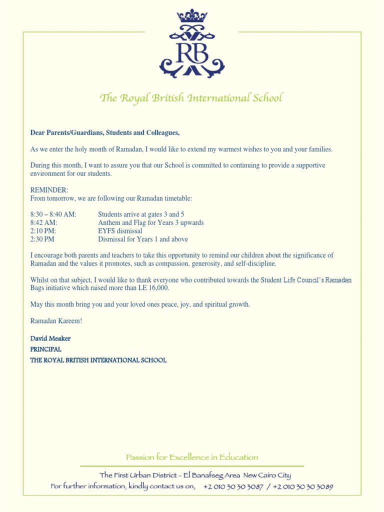 Ramadan Timetable & Message from Principal | PDF