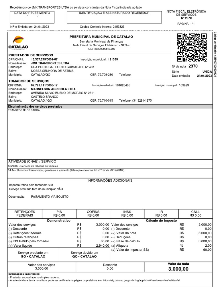 NF2370 Maqnelson (Juliano) | PDF | Recibo | Finanças Governamentais