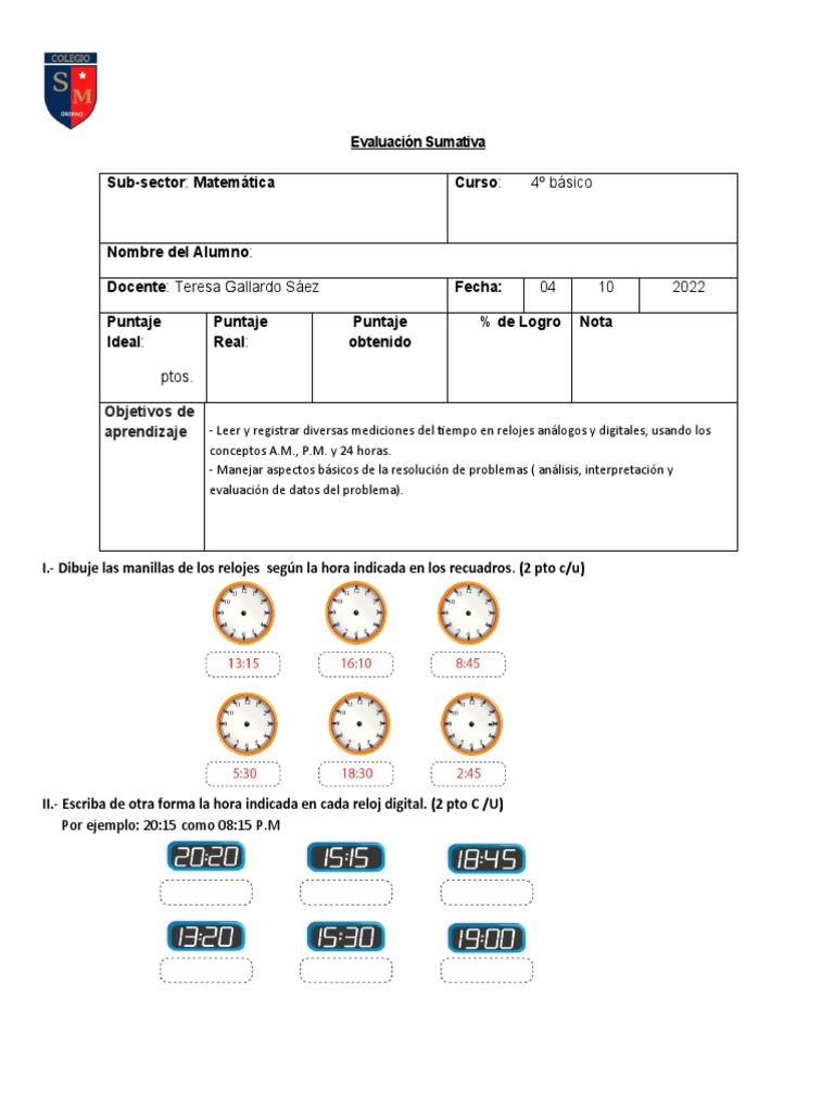 Evaluación de Matemática La Hora Cuarto Básico | PDF