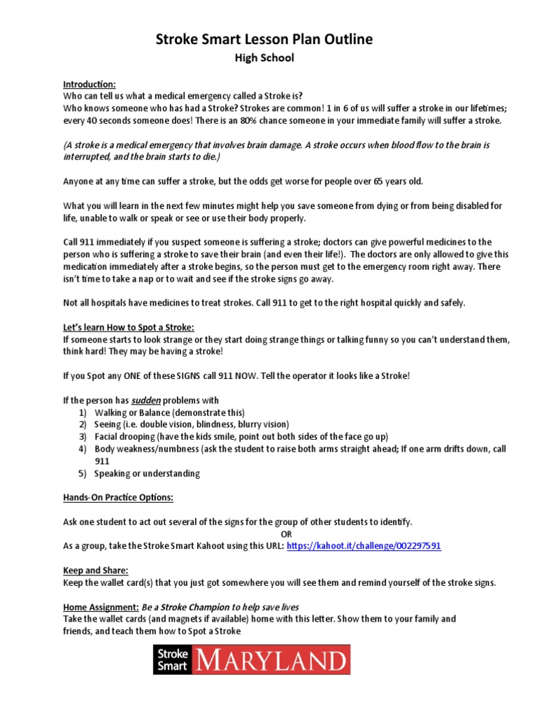 Stroke Smart Lesson Plan Outline High School 202206 PDF | PDF | Stroke