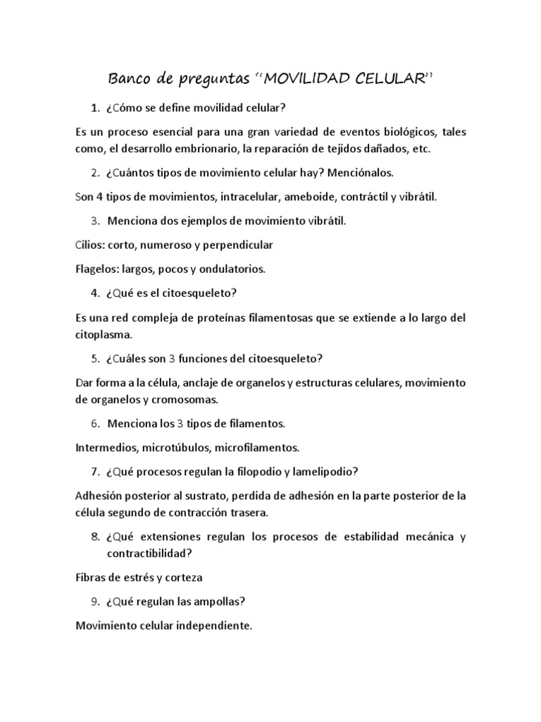 Banco de Preguntas MOVILIDAD CELULAR | PDF | Actina | Citoesqueleto