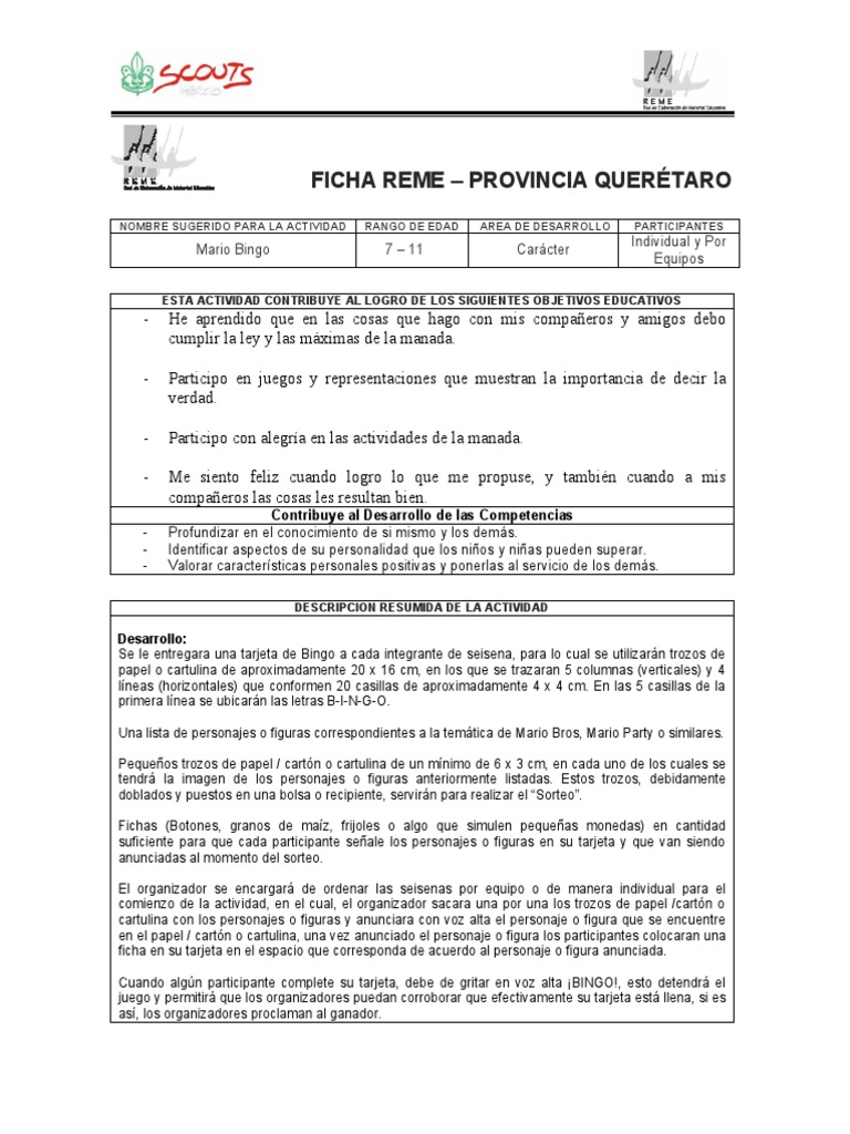 Ficha REME - Mario BINGO | PDF | Hogar, jardinería y bricolaje