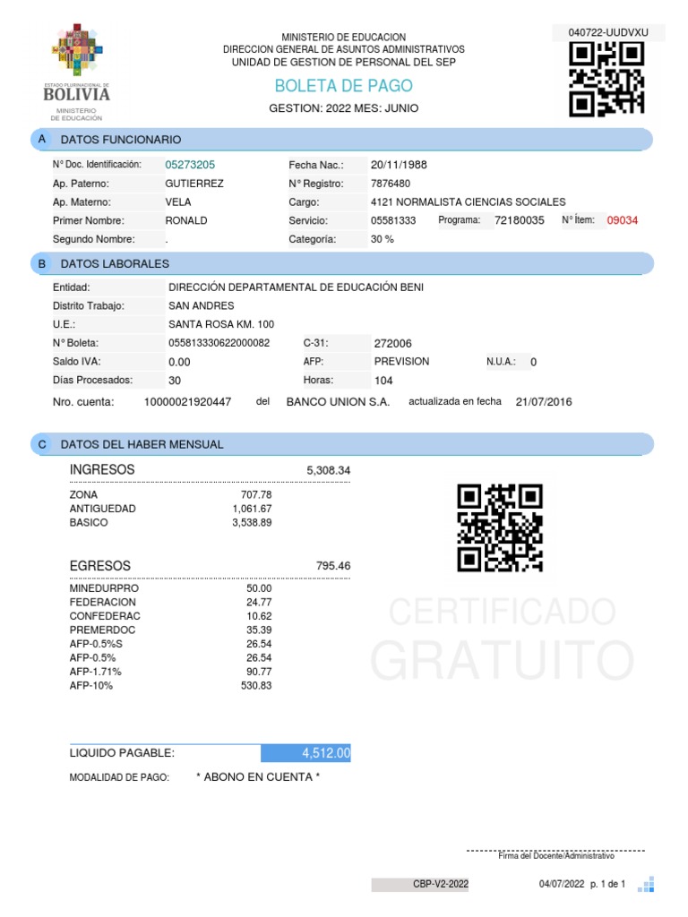 Boleta de pago de junio 2022 para el normalista Ronald Gutiérrez Vela que detalla sus datos ...