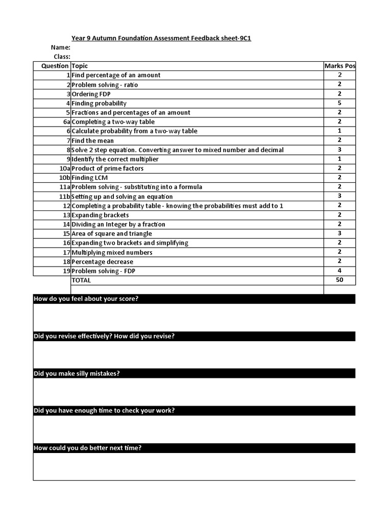 Year 9 Autumn Foundation Assessment Tracker- 9C1.xlsx | PDF ...
