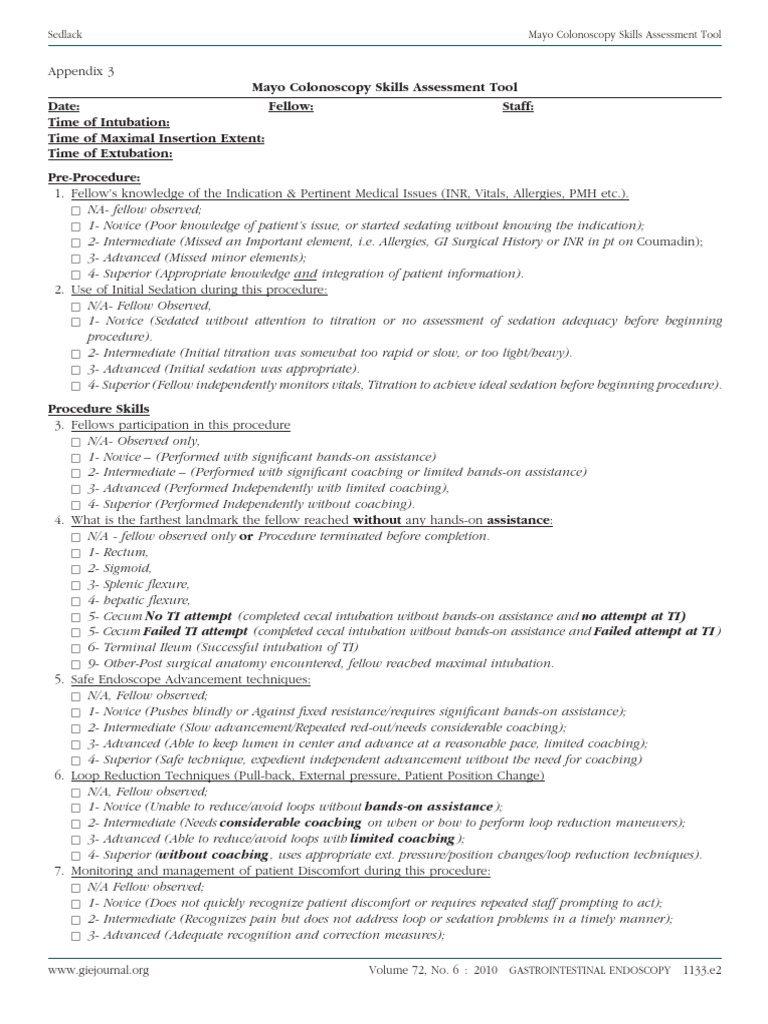 Mayo Colonoscopy Skills Assessment Tool | PDF | Colonoscopy | Clinical ...