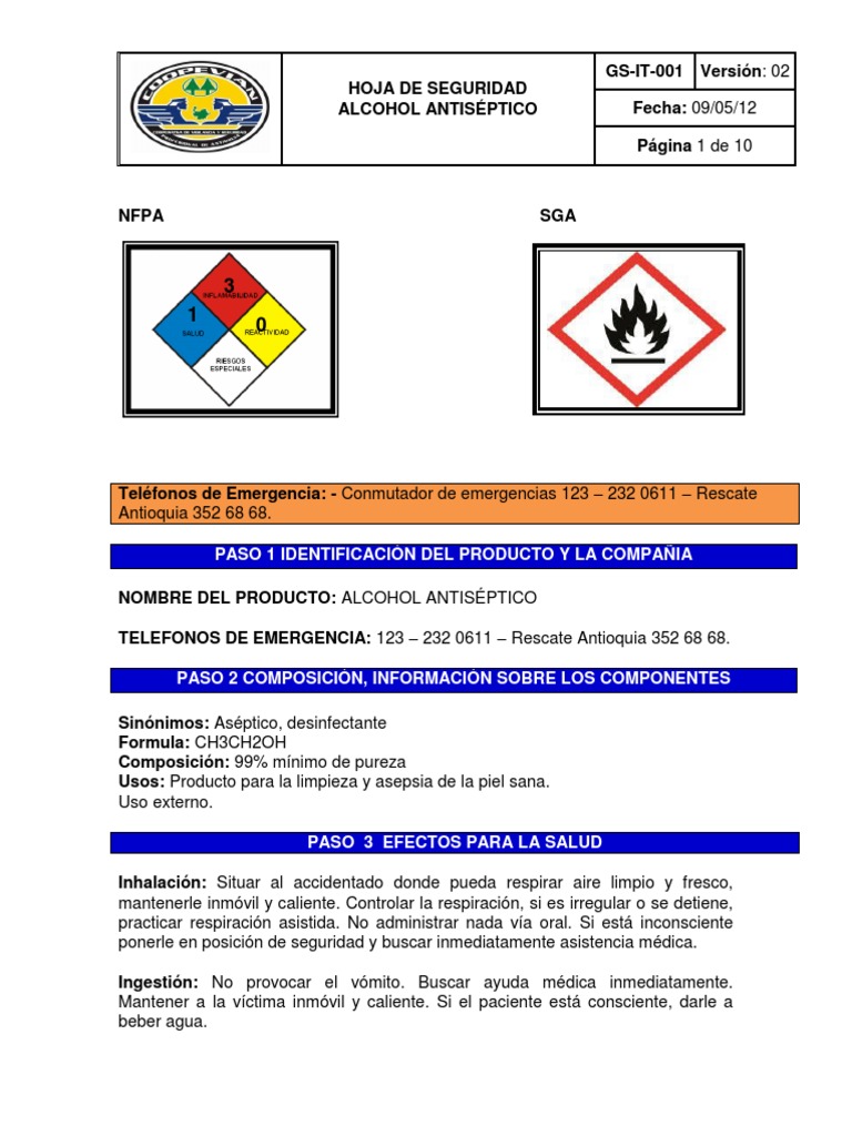 Hoja de Seguridad Alcohol Antiseptico PDF | PDF | Agua | Etanol