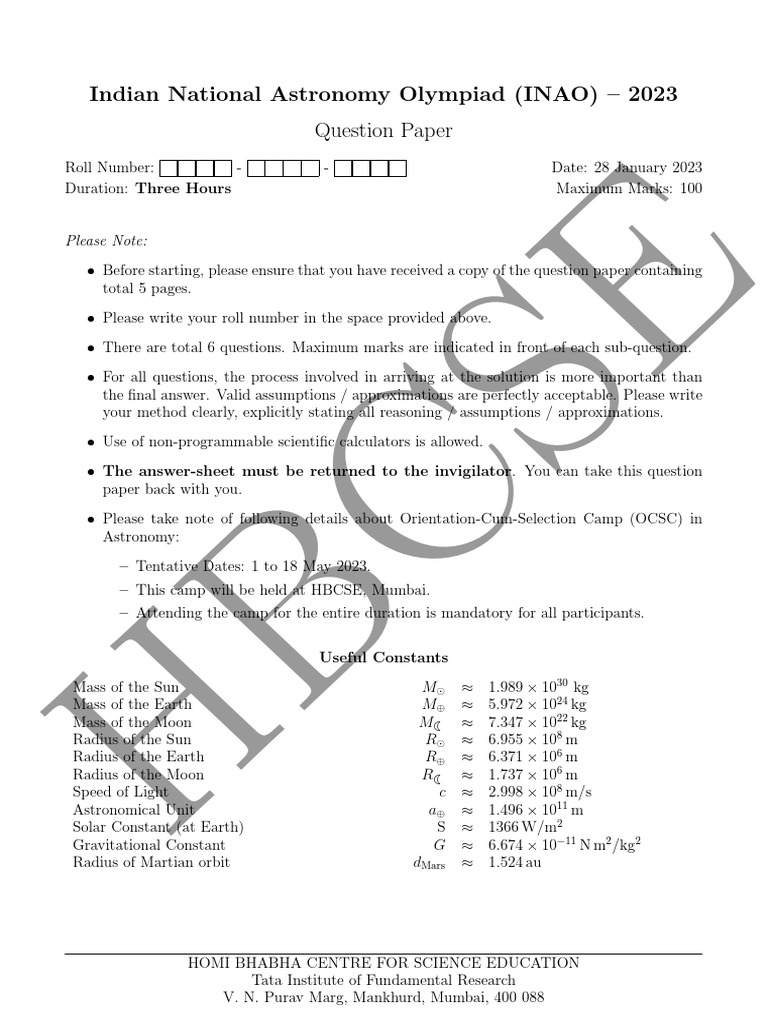 INAO 2023 Question Paper and Solutions | PDF | Orbit | Apsis