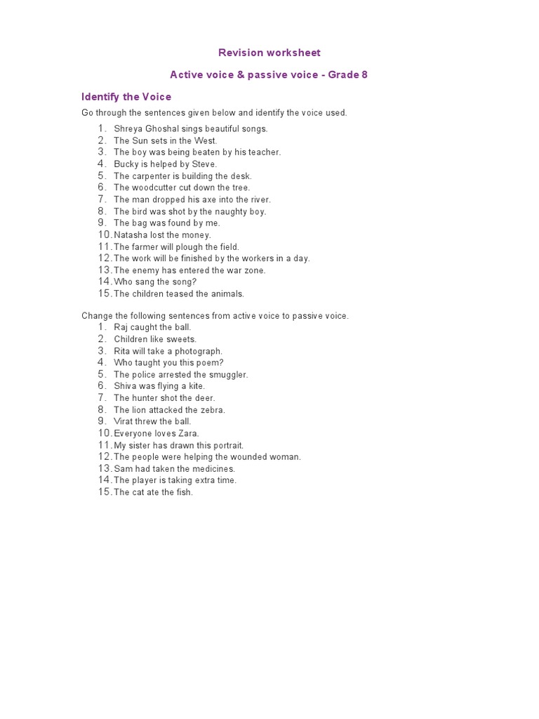 Revision Worksheet Active Voice & Passive Voice - Grade 8 Identify The ...