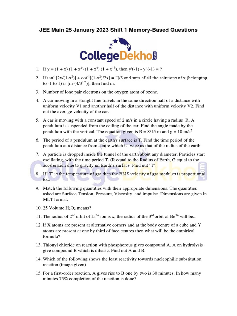 Jee Main 25 January 2023 Shift 1 Memory Based Questions | PDF | Pendulum | Chemical Reactions